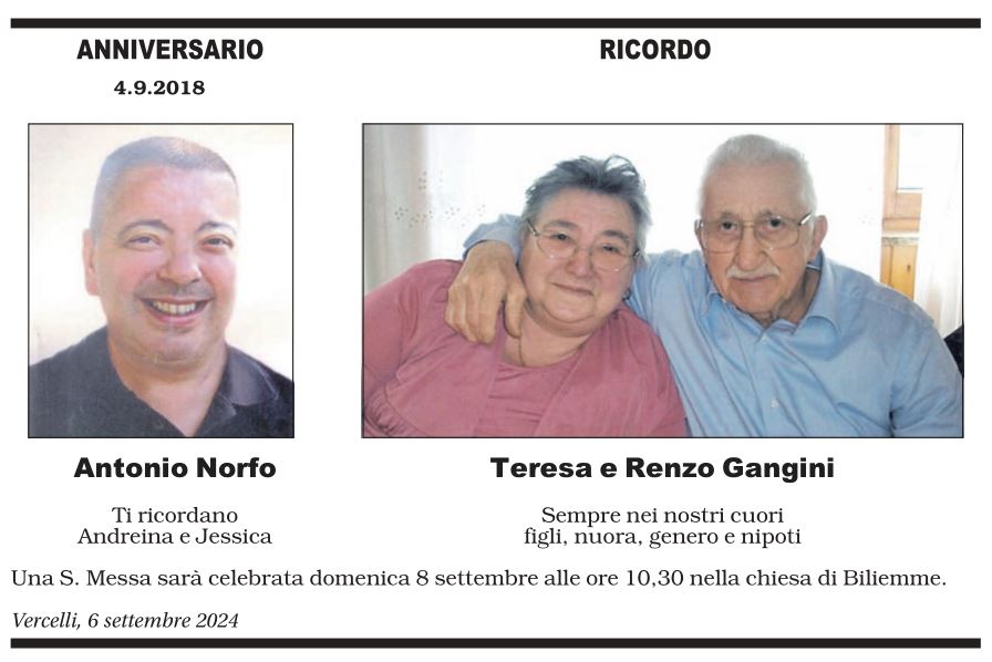 Anniversario Antonio Norfo. Ricordo di Teresa e Renzo Gangini - La Sesia